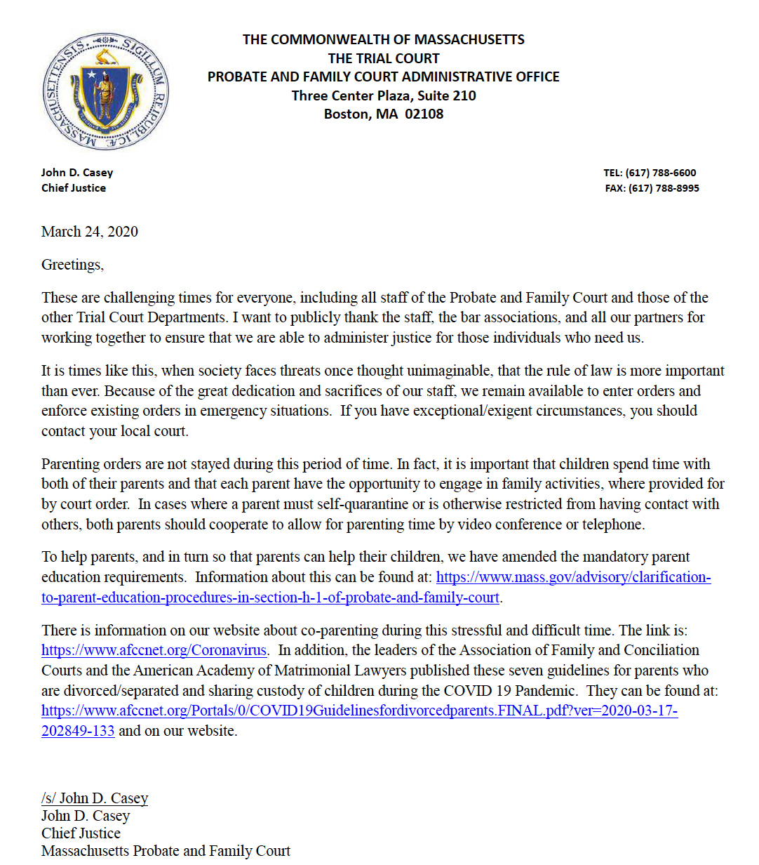 Open Letter Regarding Co-Parenting During COVID-19 From Chief Justice ...